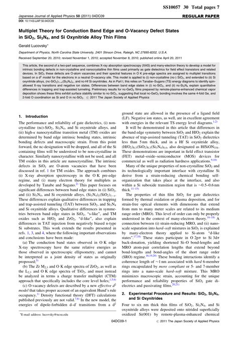 Pdf Multiplet Theory For Conduction Band Edge And O Vacancy Defect States In Sio2 Si3n4 And