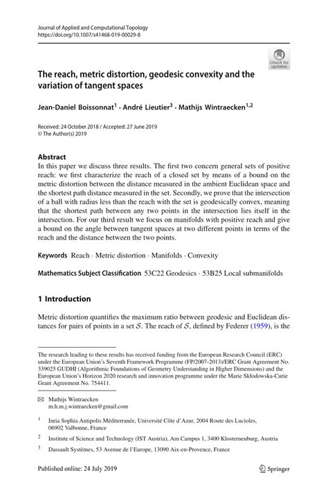 Pdf The Reach Metric Distortion Geodesic Convexity And The Variation Of Tangent Spaces