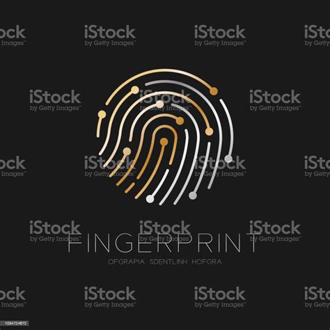 지문 스캔 로고 아이콘 대시 선 디자인 그림 금색과 은색 지문 텍스트와 검은 배경에 절연 및 공간 복사 Eps10 벡터 로고에