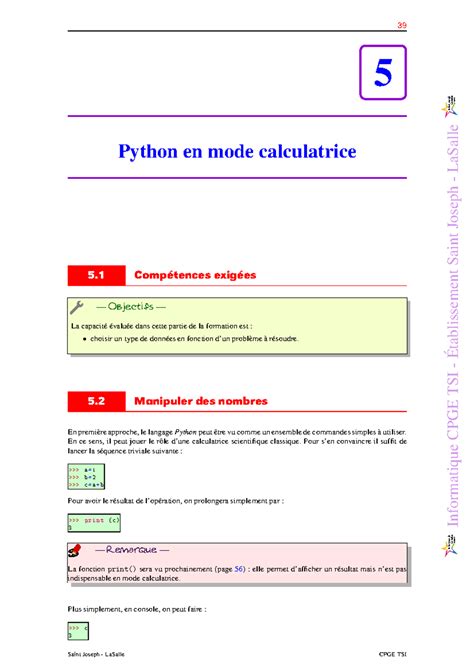 Python en mode calculatrice Informatique CPGE TSI Établissement Saint Joseph LaSalle