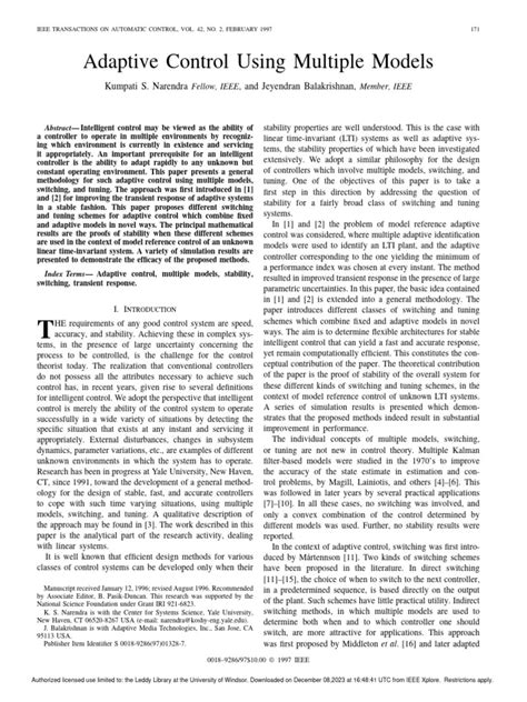 Adaptive Control Using Multiple Models Pdf