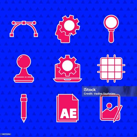 랩톱 및 기어 Ae 파일 문서 그래픽 태블릿 그리드 그래프 용지 지우개 스탬프 돋보기 및 베지어 곡선 아이콘이 있는 연필을 설정합니다 벡터 개발에 대한 스톡 벡터 아트 및