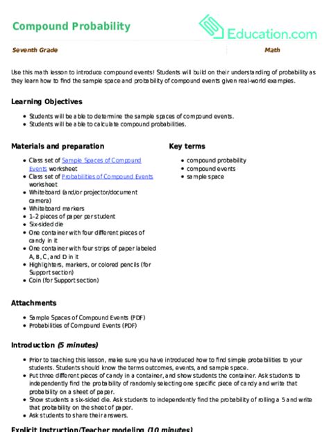 Compound Probability Lesson Plan Education