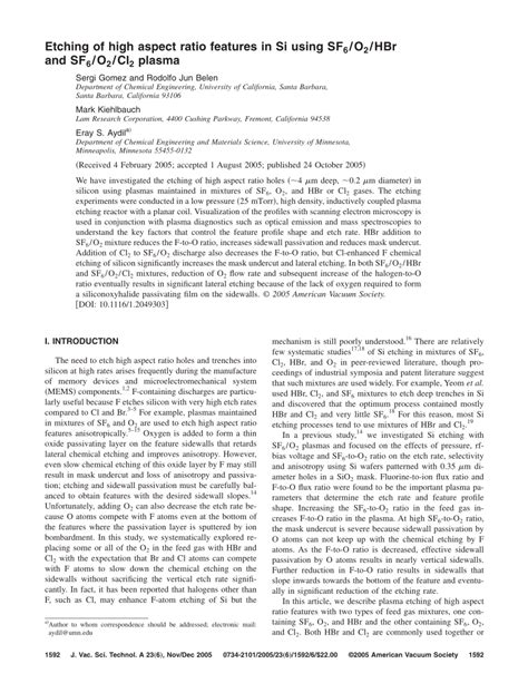 Pdf Etching Of High Aspect Ratio Features In Si Using Sf6 O2 Hbr And Sf6 O2 Cl2 Plasma