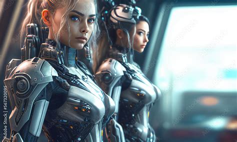 Two Attractive Sci Fi Robotic Girls And Blurred Spaceship On Background