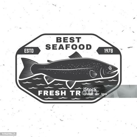 최고의 해산물 신선한 송어 벡터 그림입니다 해산물 엠블럼 간판 패치 셔츠 메뉴 레스토랑 수산 시장 상점 빈티지 흑백 라벨 송어 실루엣 스티커 강에 대한 스톡 벡터 아트 및