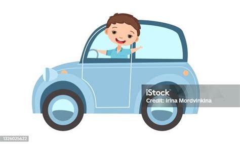 어린이 자동차 아이는 파란색 복고풍 자동차에 타고 장난감 차량 모터와 함께 귀여운 승객 자동차 흰색 배경에 격리 벡터 교통에