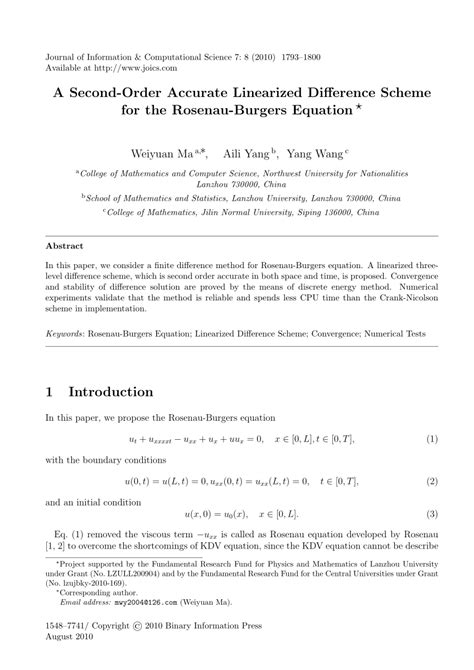 Pdf A Second Order Accurate Linearized Difference Scheme For The Rosenau Burgers Equation