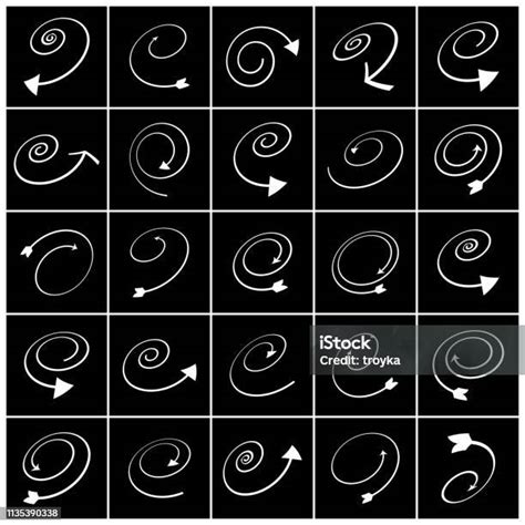 나선형 및 화살표 모양 디자인 요소를 설정 합니다 검정색 배경에 흰색 기호입니다 개념에 대한 스톡 벡터 아트 및 기타 이미지 개념 검은색 곡선 Istock