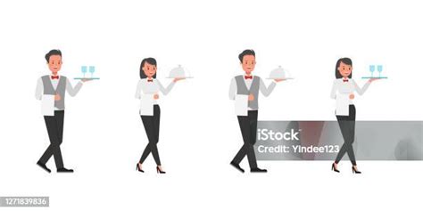 웨이터 남자와 여자 캐릭터 벡터 디자인의 집합 다양한 액션으로 프리젠 테이션 벡터에 대한 스톡 벡터 아트 및 기타 이미지 벡터 웨이터 경영자 Istock