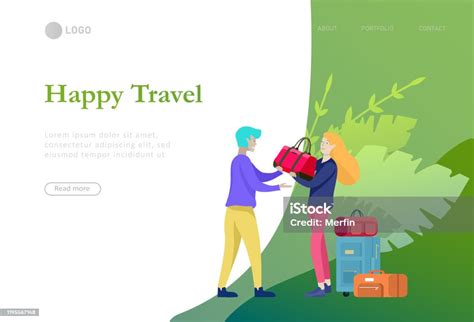휴가 여행하는 사람들이 있는 방문 페이지 템플릿입니다 가족 친구 혼자 여행 지연과 관광객 여행을 이동합니다 행복한 여행에 시간 벡터 일러스트 만화 Html에 대한 스톡 벡터