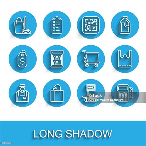 세트 라인 판매자 빵 덩어리 걸레 및 양동이 전자 저울 Pos 단말기 신용 카드 상업용 냉장고 쇼핑 및 쇼핑 카트 아이콘이 있는