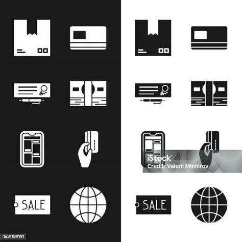 스택 지폐 현금 은행 수표 및 펜 교통 기호가 있는 골판지 상자 신용 카드 온라인 쇼핑 전화 핸드 홀딩 크레딧 전 세계 및 가격표 텍스트 판매 아이콘을 설정합니다 벡터 검은