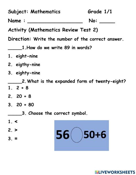 Mathematics Review Test 2 Worksheet Live Worksheets