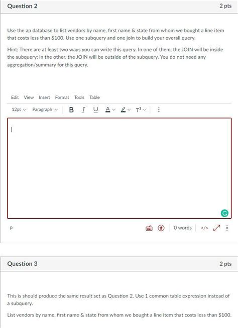 Solved Question 2 2 Pts Use The Ap Database To List Vendors