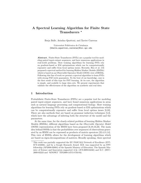 Pdf A Spectral Learning Algorithm For Finite State