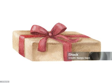 베이지 패키지와 빨간 리본으로 싸인 크리스마스 선물 가정 장식의 손으로 그린 수채화 그림 전통 Xmas 그래픽과 인사말 카드 디자인에 대한 계절 고립 그림 12월에 대한