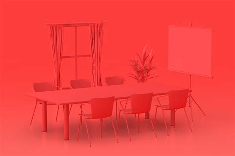 빨간색 모노크롬 이중톤 사무실 회의실 창문 테이블 의자 및 프로젝션 스크린이 있는 현대적인 인테리어 3d 렌더링 0명에 대한 스톡 사진 및 기타 이미지 Istock