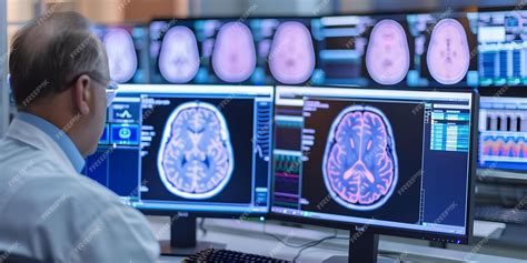 Scientist In Lab Coat Analyzing Brain Scans On Computer Surrounded By Monitors Concept Brain