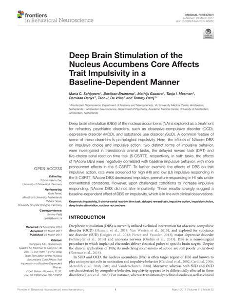 Pdf Deep Brain Stimulation Of The Nucleus Accumbens Core Affects