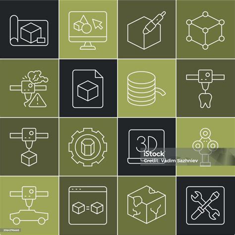 라인 3d 프린터 설정 스캐너 치아 3d 펜 도구 등각 큐브 파일 경고 엔지니어링 및 필라멘트 아이콘 그래프 용지를 설정합니다 벡터 3차원 형태에 대한 스톡 벡터 아트 및