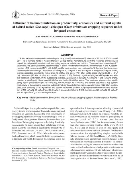 Pdf Influence Of Balanced Nutrition On Productivity Economics And Nutrient Uptake Of Hybrid