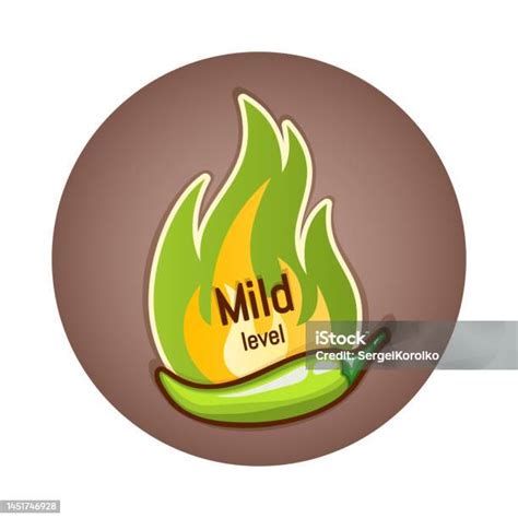 녹색 칠리 페퍼 포드와 뒤에서 불의 불꽃 배지 또는 로고 디자인 온화한 매운맛 또는 매운맛 수준 벡터 그림 건강한 식생활에 대한