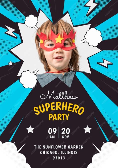 Free Vector Flat Superhero Birthday Invitation Template With Photo