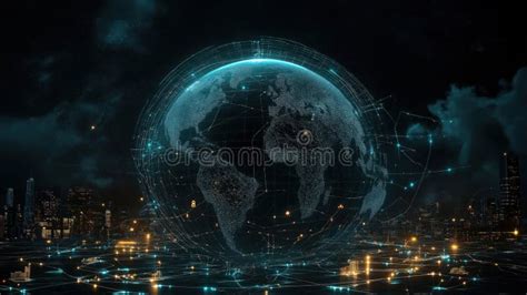 Global Digital Tech Network Futuristic Cyber Earth Surrounded By Glowing City Lights