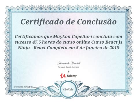 Maykon Luís Capellari On Linkedin Completion Certificate For Curso Reactjs Ninja React Completo