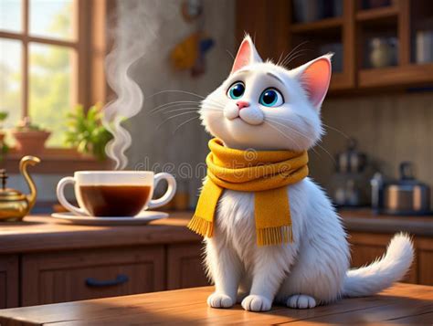 Ai Generated Cute Cartoon White Cat Wearing Yellow Scarf Next To Hot