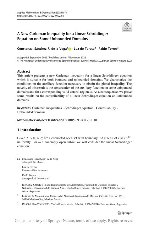 A New Carleman Inequality For A Linear Schrödinger Equation On Some Unbounded Domains Request Pdf