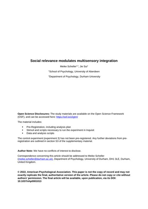 Pdf Social Relevance Modulates Multisensory Integration