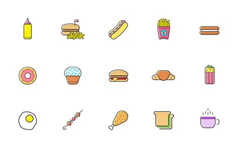 패스트 푸드 스트리트 식품 관련 벡터 라인 아이콘의 다채로운 세트 거리에 대한 스톡 벡터 아트 및 기타 이미지 거리 길거리 음식 단체 Istock