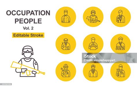 다양한 유형의 직업 People Line 아이콘 Vol2 편집 가능한 획 아이콘에는 도어맨 군인 기자 교수 사진 작가 우체부 전기 기사 기차 차장 정비사 등이 포함됩니다