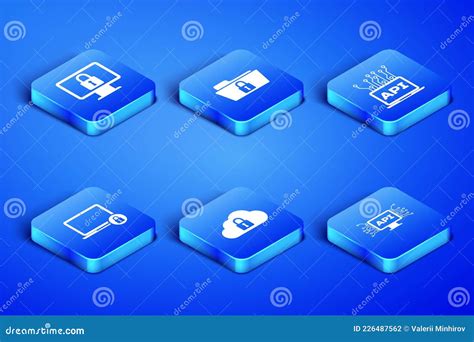 Set Computer Api Interface Lock On Monitor Cloud Computing Lock Laptop And Folder And Icon