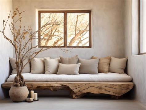 Premium AI Image Rustic Aged Wood Tree Trunk Bench With Pillows Near Stucco Wall Modern Living