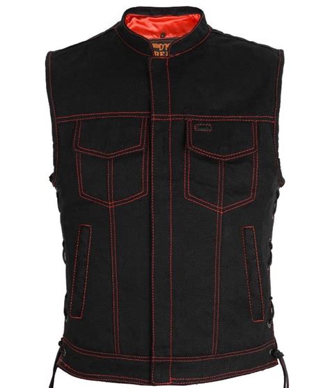 Denim Motorcycle Vest Mens Red Stitching Mv97320 Zip Rtrl Bd Dl