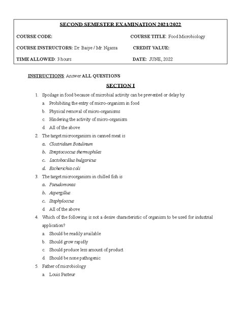 Food Microbiology Exam Instructions Answer All Questions Section I Spoilage In Food Because