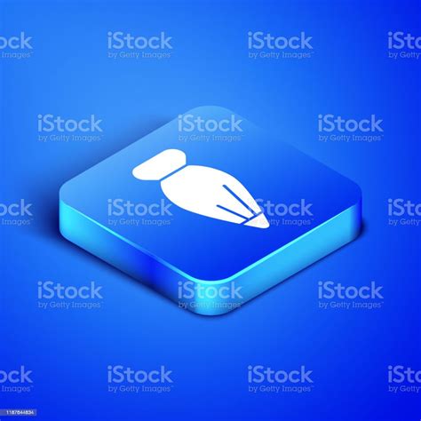 파란색 배경에 고립 된 크림 아이콘으로 케이크를 장식하기위한 아이소메트릭 페이스트리 가방 주방용품 및 기구 파란색 사각형