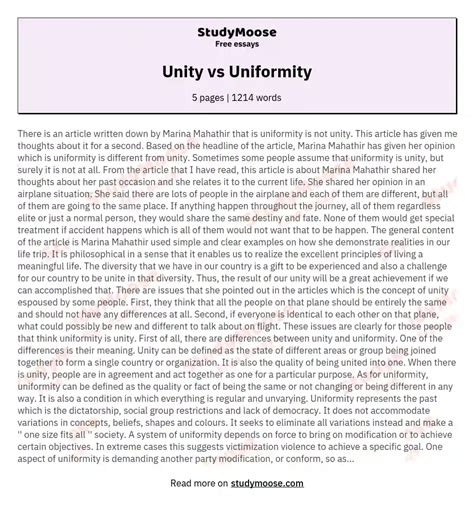 Unity Vs Uniformity Free Essay Example