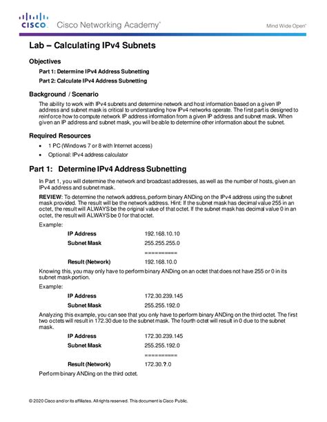 Lab 21 Calculating Ipv4 Subnets Objectives Part 1 Determine Ipv4 Address Subnetting Part 2
