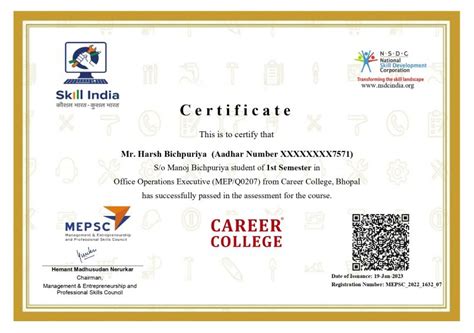 Harsh Bichpuriya On Linkedin Skillindia Nsdc Certificate Officeoperationsexecutive