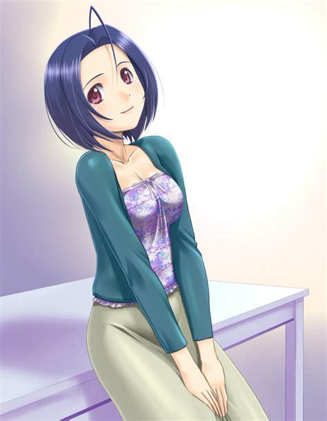 Safebooru Blouse Blue Hair Breasts Casual Cleavage Head Tilt