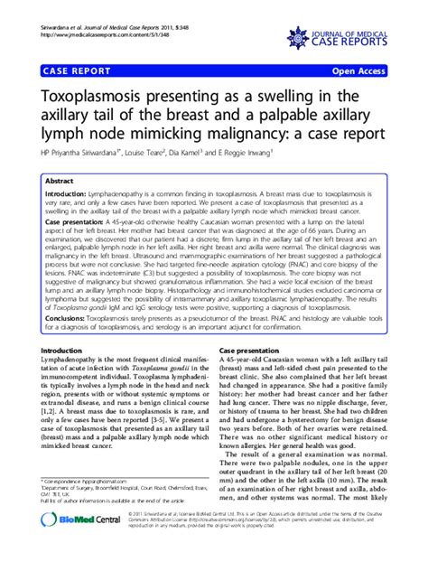 Pdf Toxoplasmosis Presenting As A Swelling In The Axillary Tail Of The Breast And A Palpable