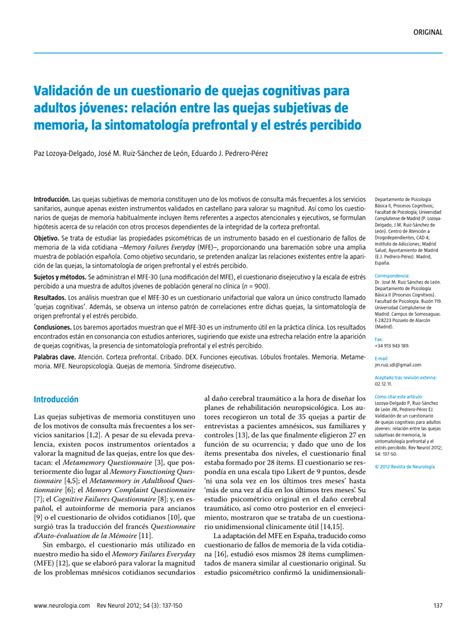 Pdf Validation Of A Cognitive Complaints Questionnaire For Young Adults The Relation Between