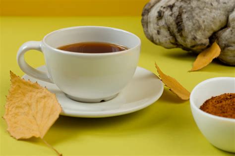 노란 배경에 흰색 컵에 치유 차 커피와 자작 나무 차의 조각 Naturopathy 대체 의학 면역을위한 트렌디 한 슈퍼 푸드
