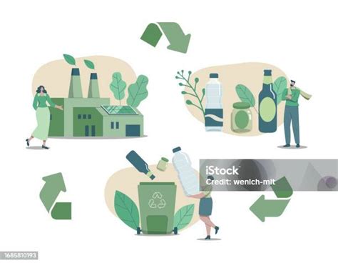 환경 친화적 인 지속 가능한 플라스틱 및 유리 재활용 공정 재활용 및 환경 보호 개념 벡터 디자인 그림입니다 가공의 인물에 대한