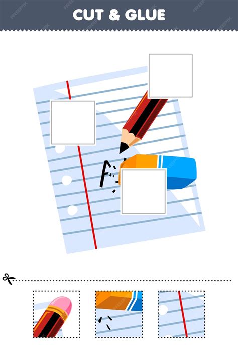 귀여운 만화 종이 연필과 지우개 그림 인쇄용 도구 워크시트의 잘라낸 부분과 풀로 잘라낸 어린이를 위한 교육 게임 프리미엄 벡터
