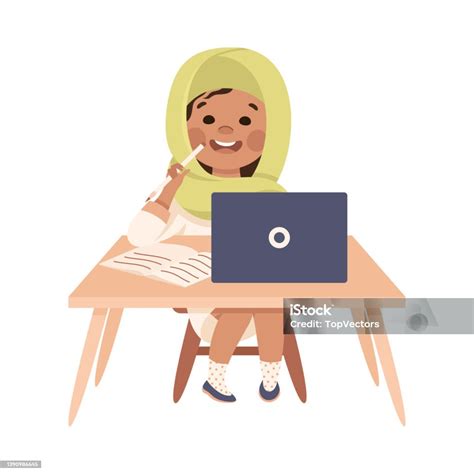 작은 무슬림 소녀 강아지 카피 북과 노트북에 앉아 초등 교육 벡터 일러스트 레이 션에 종사 고등학교 이하에 대한 스톡 벡터 아트 및 기타 이미지 고등학교 이하 교실